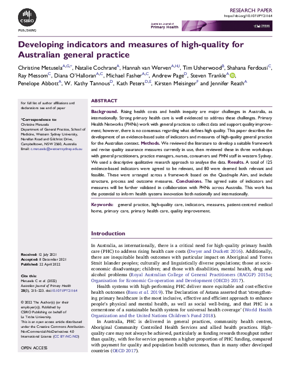 (PDF) Developing indicators and measures of high-quality for Australian general practice