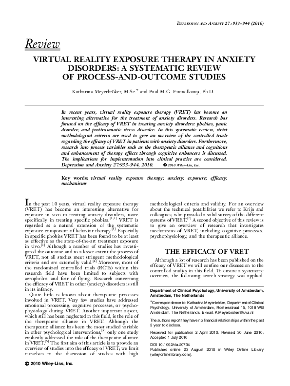(PDF) Virtual reality exposure therapy in anxiety disorders: a ...