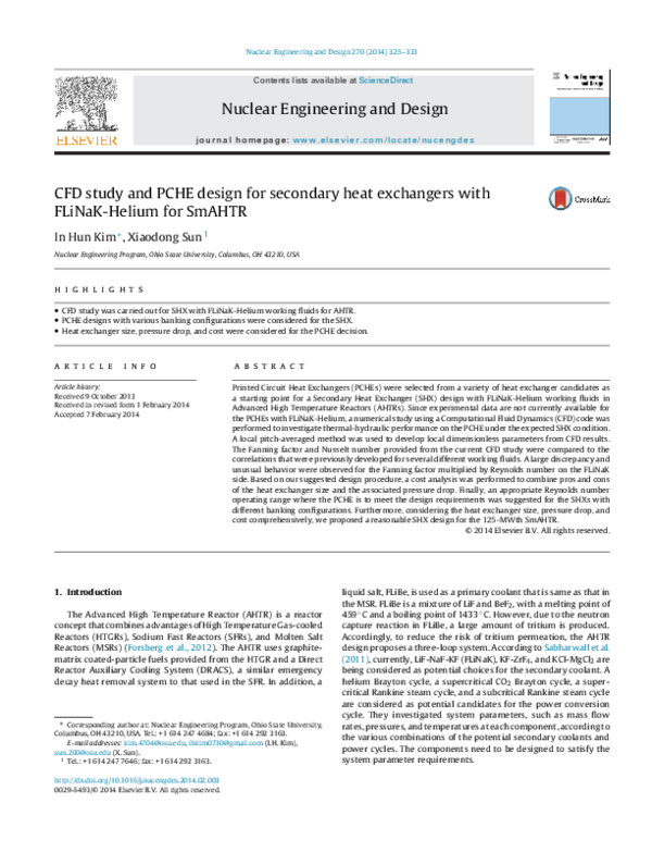 (PDF) CFD study and PCHE design for secondary heat exchangers with ...