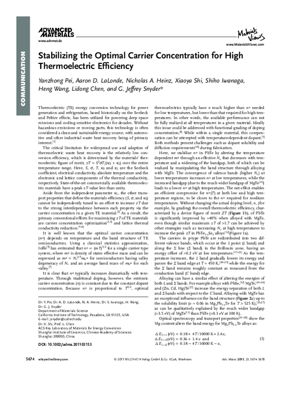 (PDF) Stabilizing the Optimal Carrier Concentration for High Thermoelectric Efficiency
