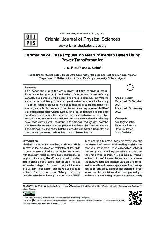 Pdf Estimation Of Finite Population Mean Of Median Based Using Power Transformation