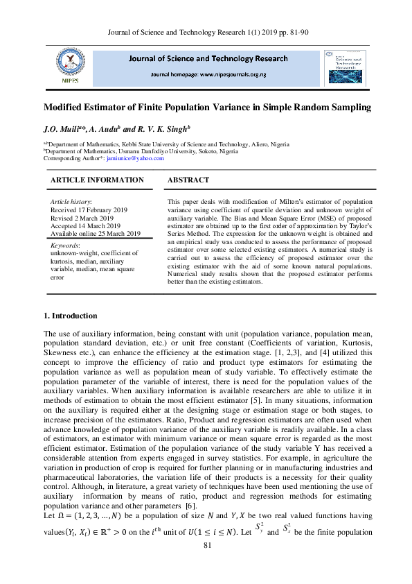 (PDF) Modified Estimator of Finite Population Variance in Simple Random Sampling