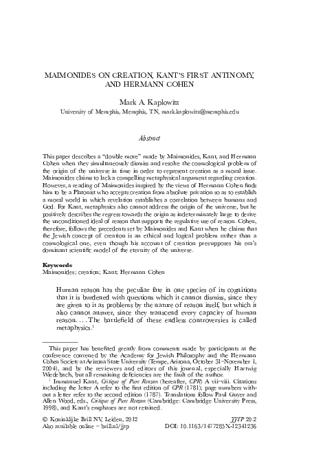 (PDF) Maimonides on Creation, Kant’s First Antinomy, and Hermann Cohen