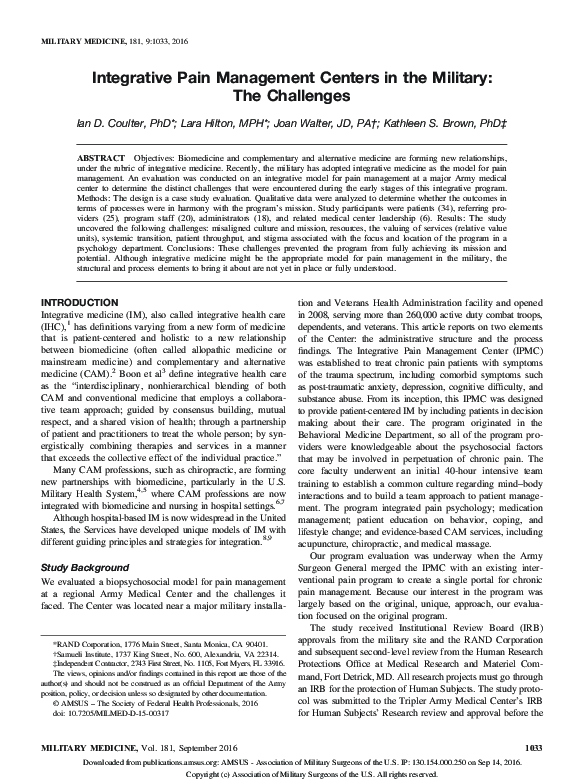 (PDF) Integrative Pain Management Centers in the Military: The Challenges