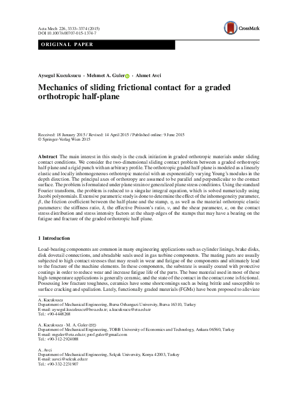 (PDF) Mechanics of sliding frictional contact for a graded orthotropic half-plane