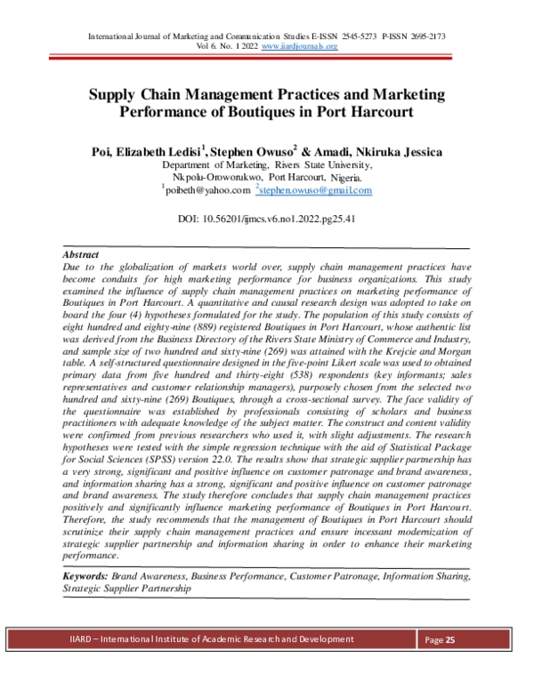 (PDF) Supply Chain Management Practices and Marketing Performance of Boutiques in Port Harcourt