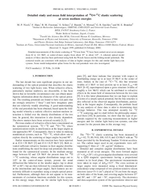 (PDF) Detailed study and mean field interpretation of16O+12Celastic ...