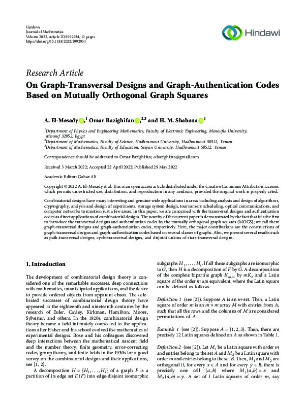 (PDF) On Graph-Transversal Designs and Graph-Authentication Codes Based on Mutually Orthogonal ...