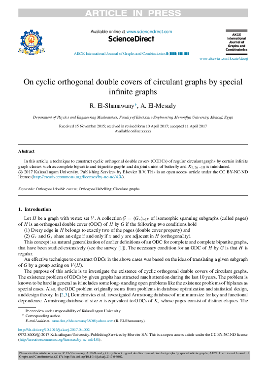 (PDF) On Cyclic Orthogonal Double Covers of Circulant Graphs using ...