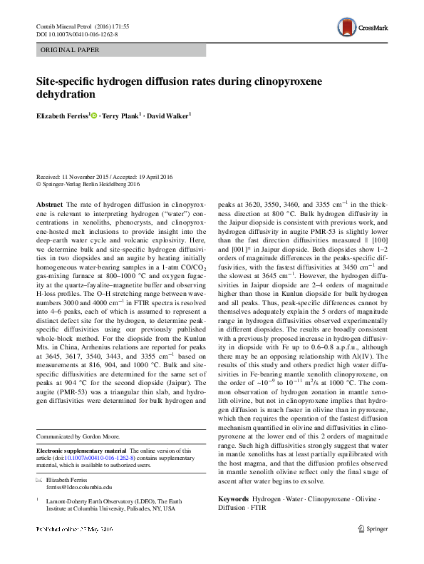 (PDF) Site-specific hydrogen diffusion rates during clinopyroxene ...