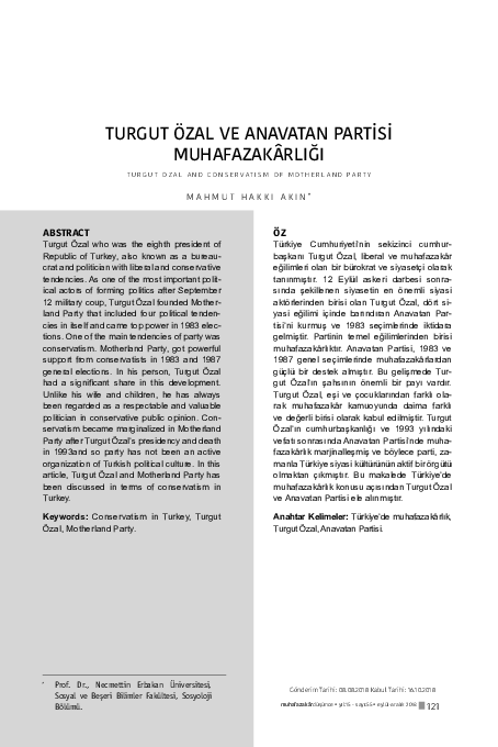 (PDF) Turgut Özal Ve Anavatan Parti̇si̇ Muhafazakârliği