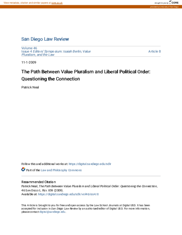 (PDF) The Path Between Value Pluralism and Liberal Political Order ...