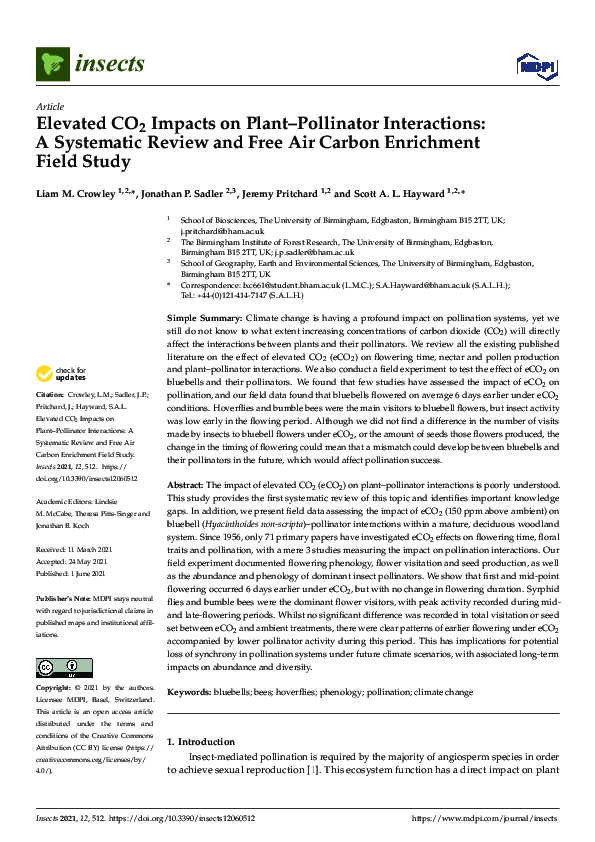 (PDF) Elevated CO2 Impacts on Plant–Pollinator Interactions: A Systematic Review and Free Air ...