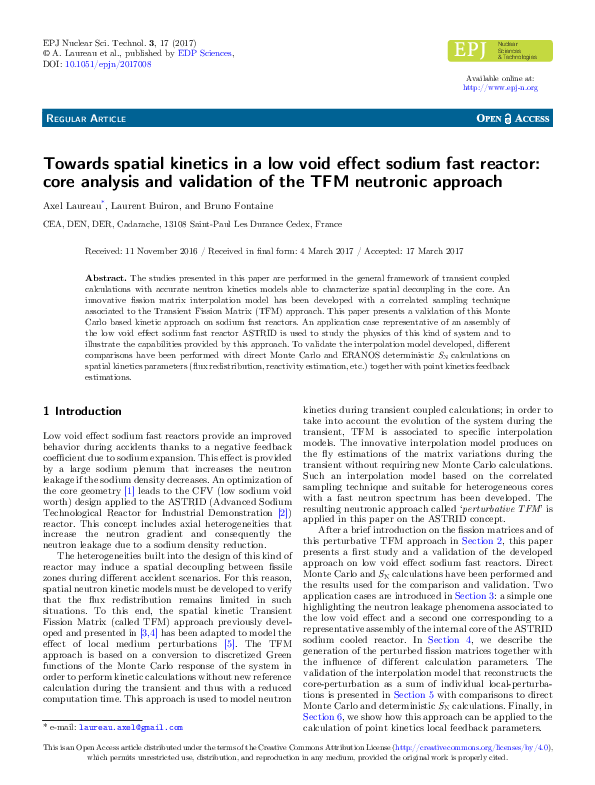 Pdf Towards Spatial Kinetics In A Low Void Effect Sodium Fast Reactor Core Analysis And