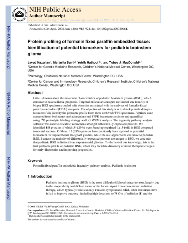 (PDF) Protein profiling of formalin fixed paraffin embedded tissue: Identification of potential ...