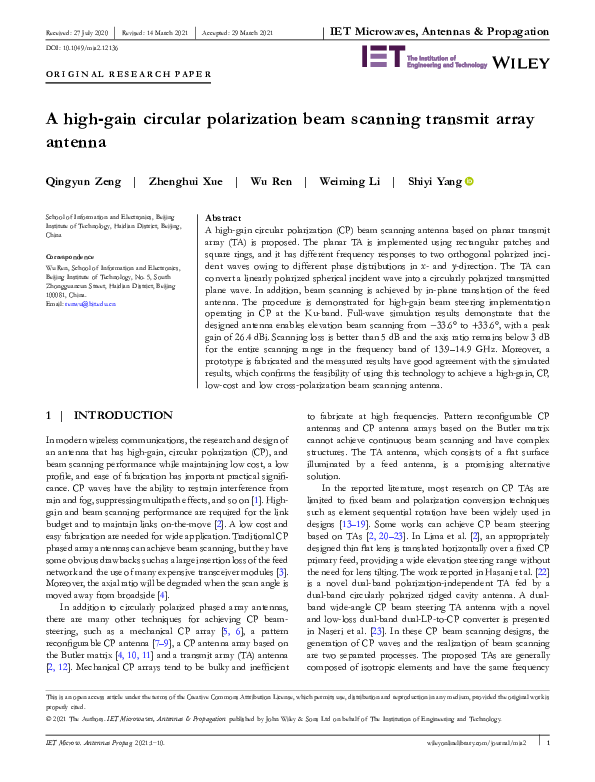 Pdf A High‐gain Circular Polarization Beam Scanning Transmit Array