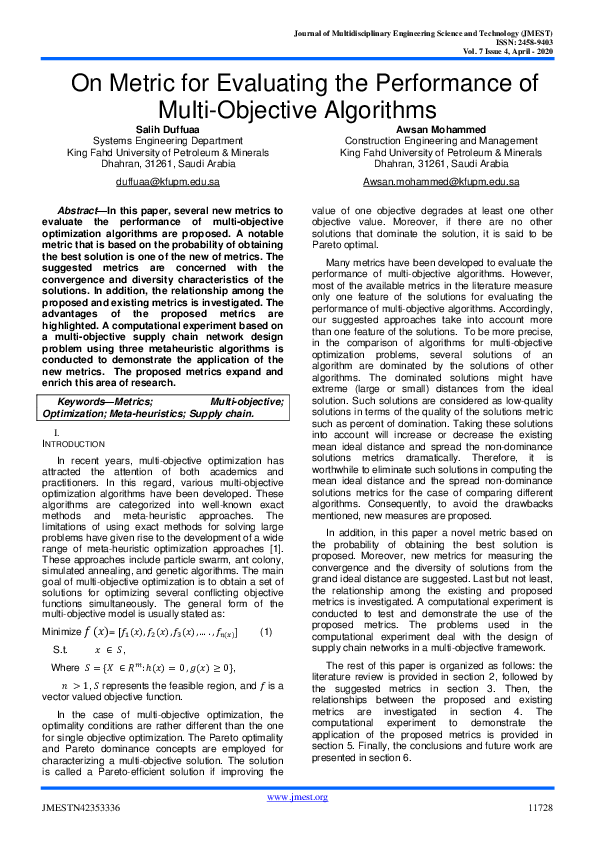 (PDF) On Metric for Evaluating the Performance of Multi-Objective ...