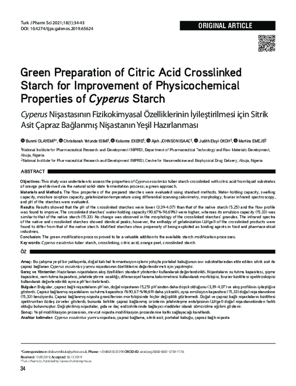 (PDF) Green preparation of citric acid cross-linked starch for improvement of physico-chemical ...