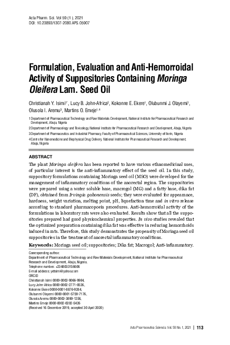 Pdf Formulation Evaluation And Anti Hemorroidal Activity Of Suppositories Containing Moringa