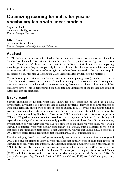 (PDF) Optimizing scoring formulas for yes/no vocabulary tests with ...
