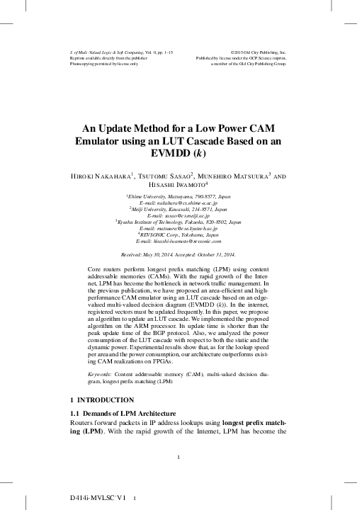 (PDF) An Update Method for a Low Power Cam Emulator Using an LUT Cascade Based on an EVMDD (k)