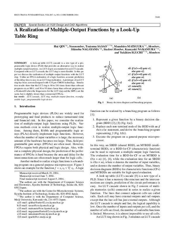 (PDF) A realization of multiple-output functions by a look-up table ring