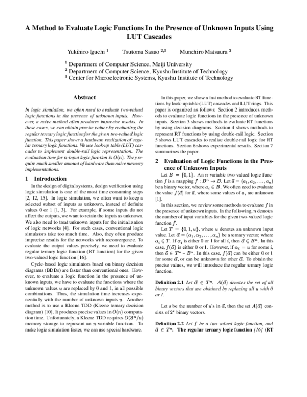 Pdf A Method To Evaluate Logic Functions In The Presence Of Unknown Inputs Using Lut Cascades