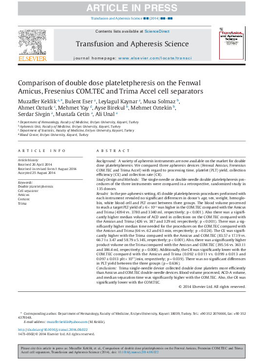 (PDF) Comparison of double dose plateletpheresis on the Fenwal Amicus ...