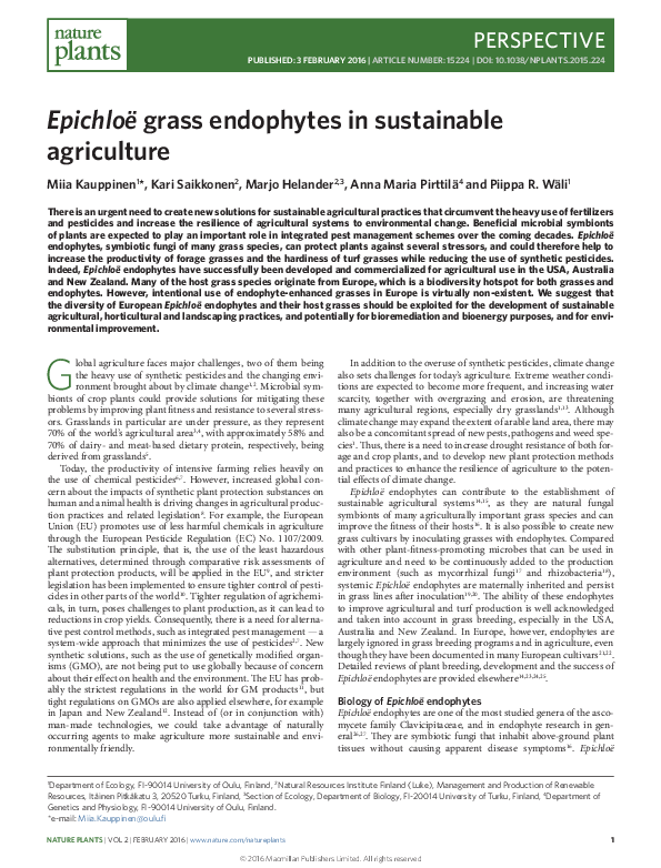(PDF) Epichloë grass endophytes in sustainable agriculture