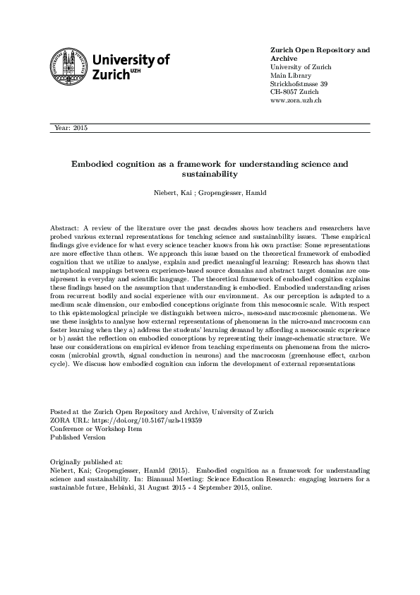 (PDF) Embodied cognition as a framework for understanding science and sustainability