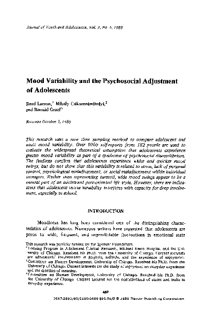 (PDF) Mood variability and the psychosocial adjustment of adolescents
