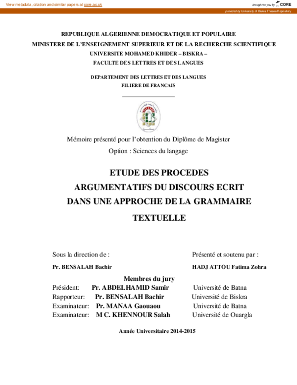 (PDF) Etude des procédés argumentatifs du discours écrit dans une ...