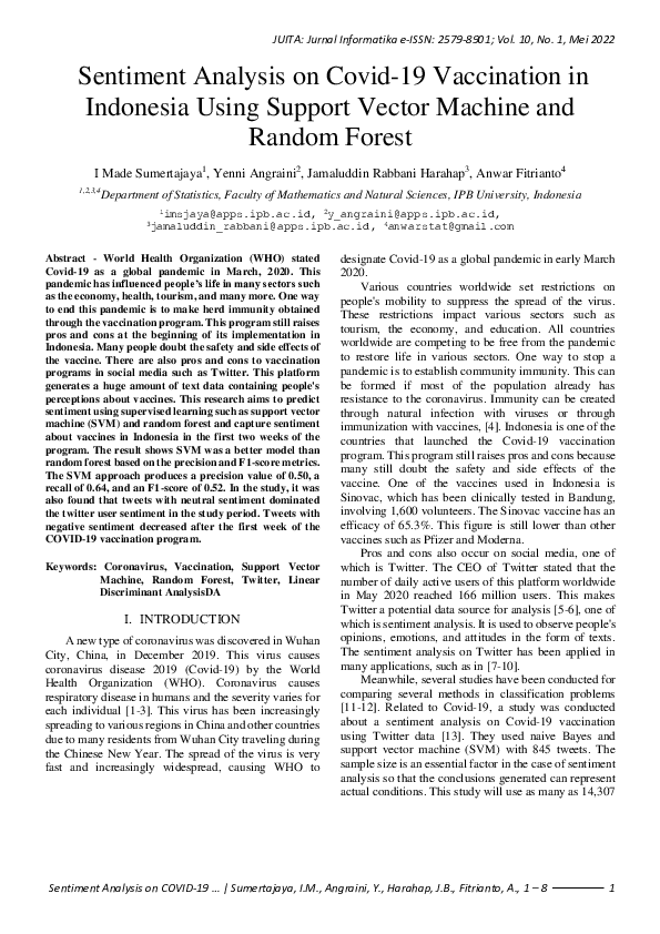 (PDF) Sentiment Analysis on Covid-19 Vaccination in Indonesia Using Support Vector Machine and ...