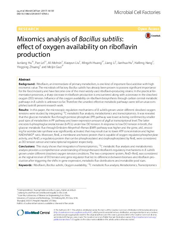 (PDF) Mixomics analysis of Bacillus subtilis: effect of oxygen availability on riboflavin production