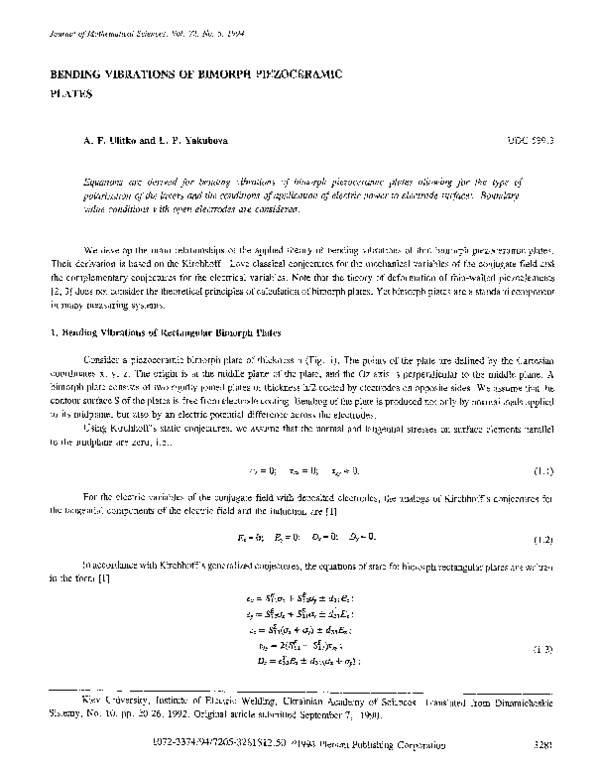 (PDF) Bending vibrations of bimorph piezoceramic plates