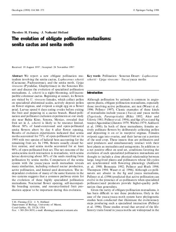 (PDF) The evolution of obligate pollination mutualisms: senita cactus ...