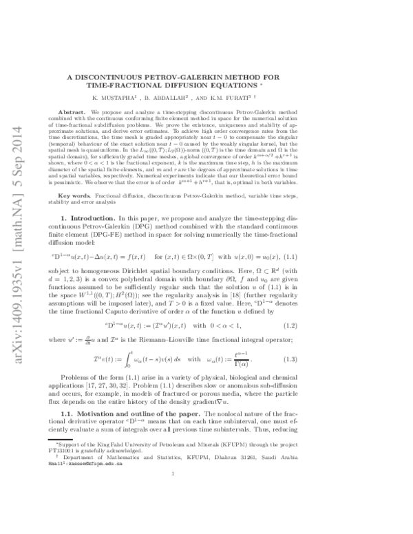 (PDF) A Discontinuous Petrov--Galerkin Method for Time-Fractional Diffusion Equations