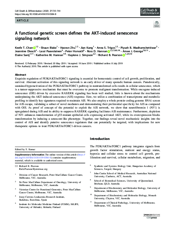 (PDF) A functional genetic screen defines the AKT-induced senescence ...