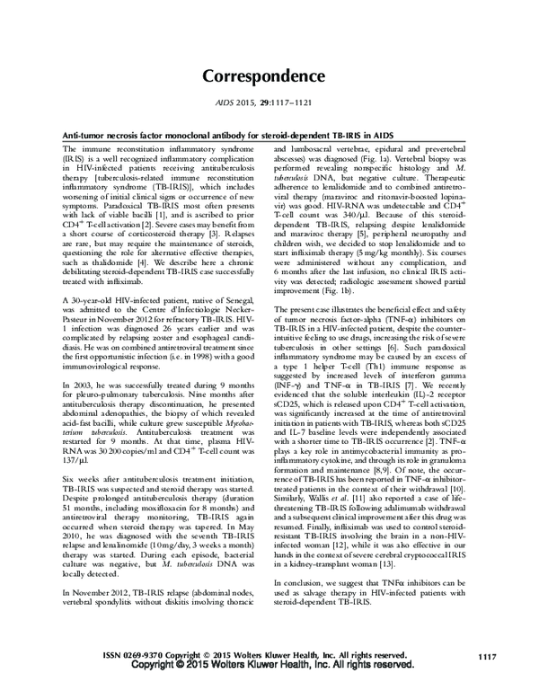 (PDF) Anti-tumor necrosis factor monoclonal antibody for steroid-dependent TB-IRIS in AIDS