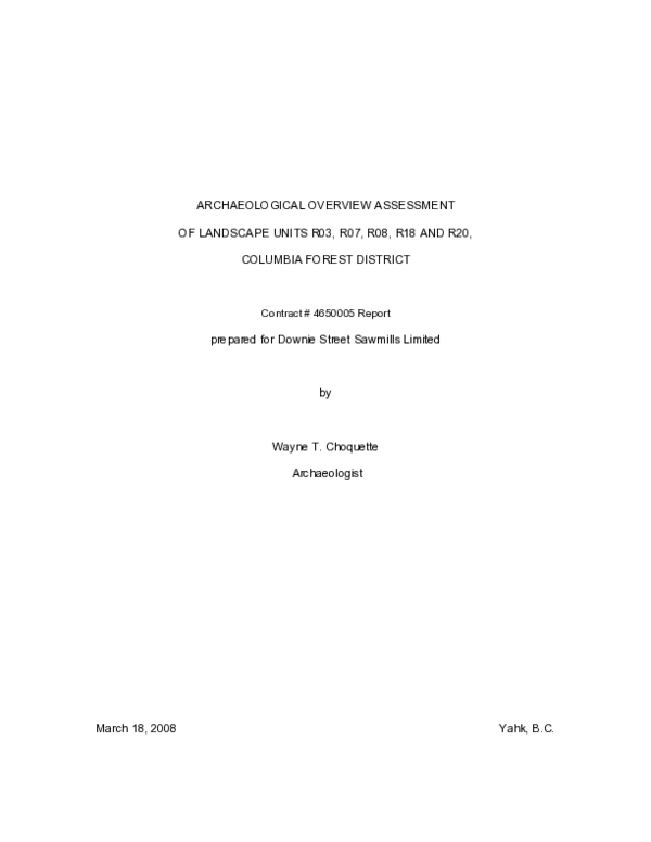 (PDF) Archaeological Overview Assessment of Landscape Units R03, R07, R08, R18 and R20, Columbia ...