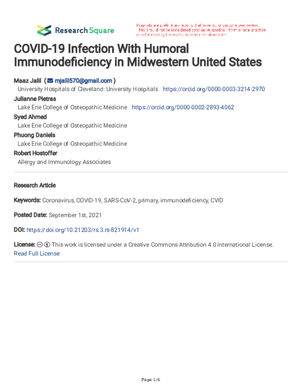 (PDF) COVID-19 Infection With Humoral Immunodeficiency in Midwestern ...