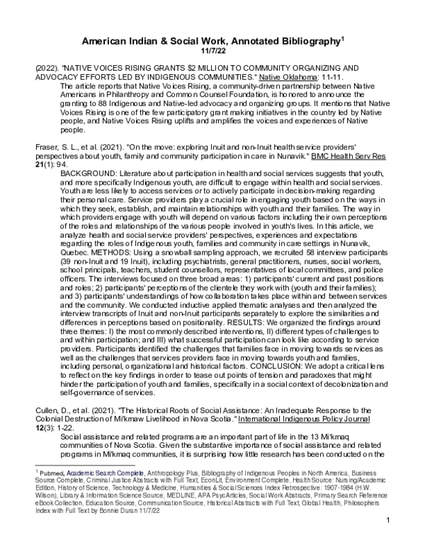 (PDF) American Indian & Social Work, Annotated Bibliography 1