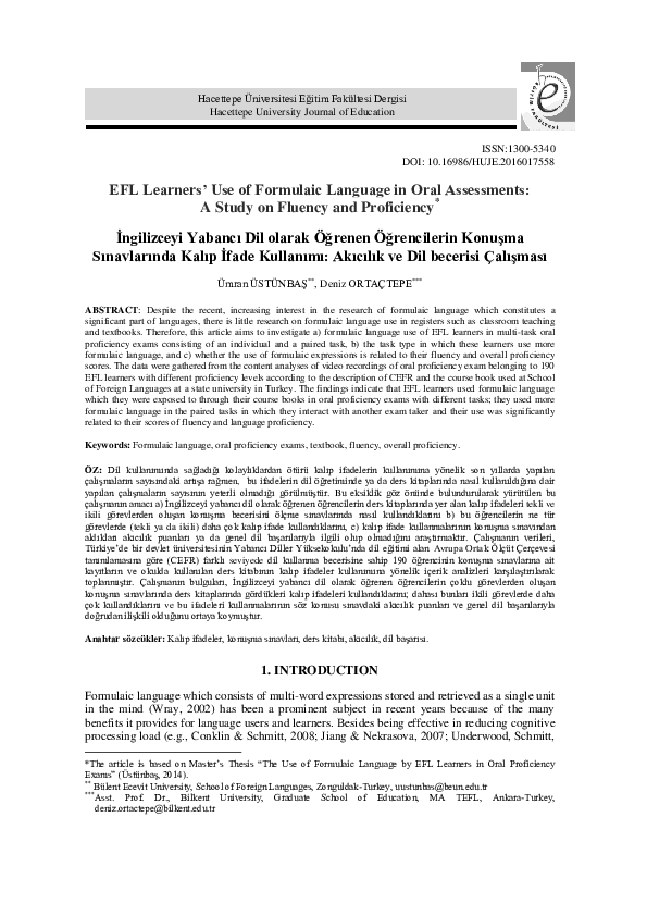 (PDF) EFL Learners Use of Formulaic Language in Oral Assessments: A Study on Fluency and Proficiency