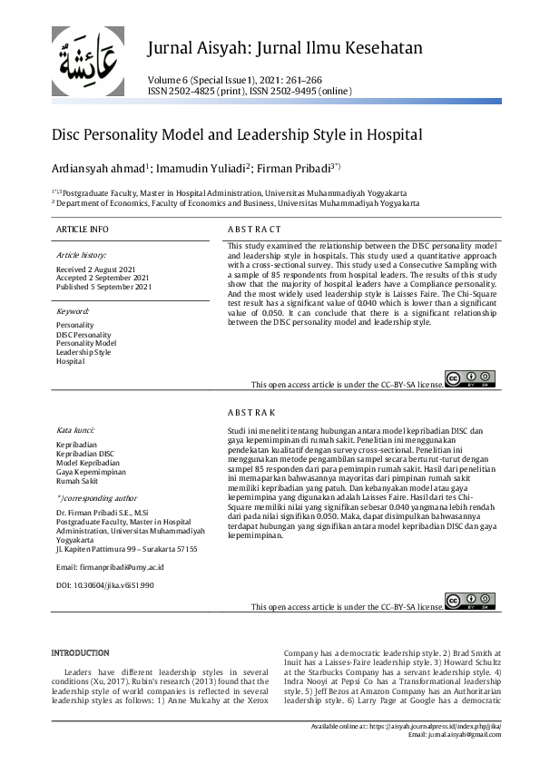 (PDF) Disc Personality Model and Leadership Style in Hospital