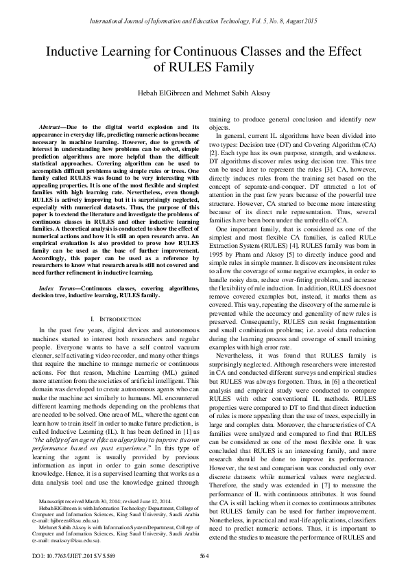 (PDF) Inductive Learning for Continuous Classes and the Effect of RULES Family