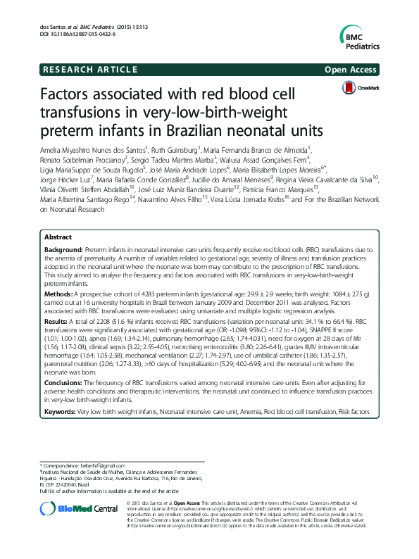 (PDF) Factors associated with red blood cell transfusions in very-low ...