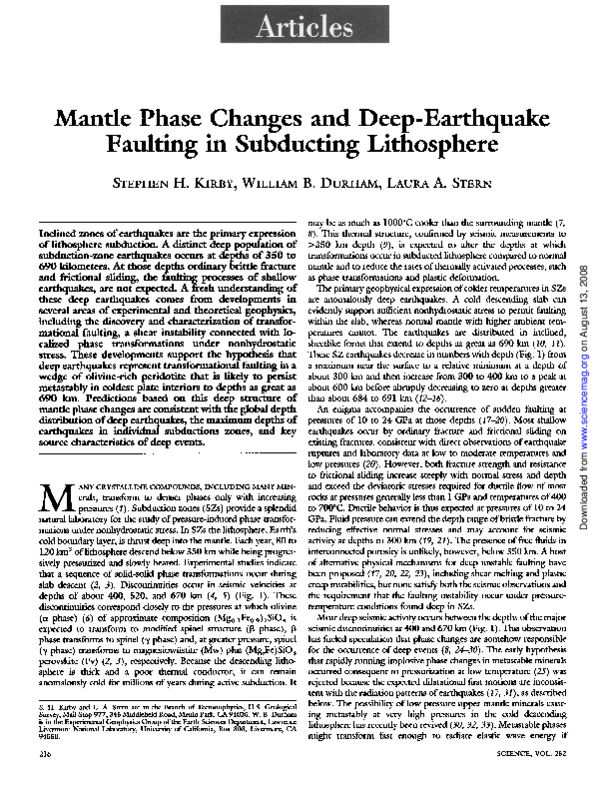 (PDF) Mantle Phase Changes and Deep-Earthquake Faulting in Subducting Lithosphere