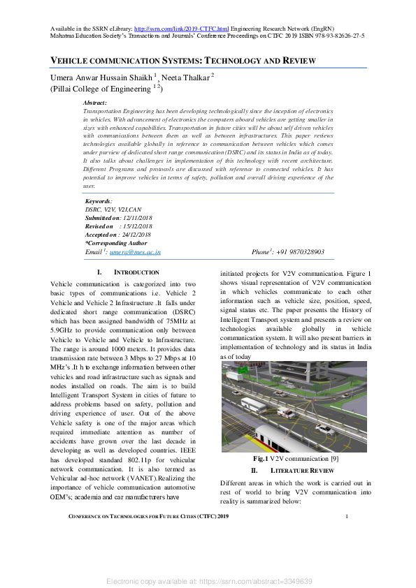 (PDF) Vehicle Communication Systems: Technology and Review