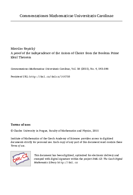 Pdf A Proof Of The Independence Of The Axiom Of Choice From The Boolean Prime Ideal Theorem