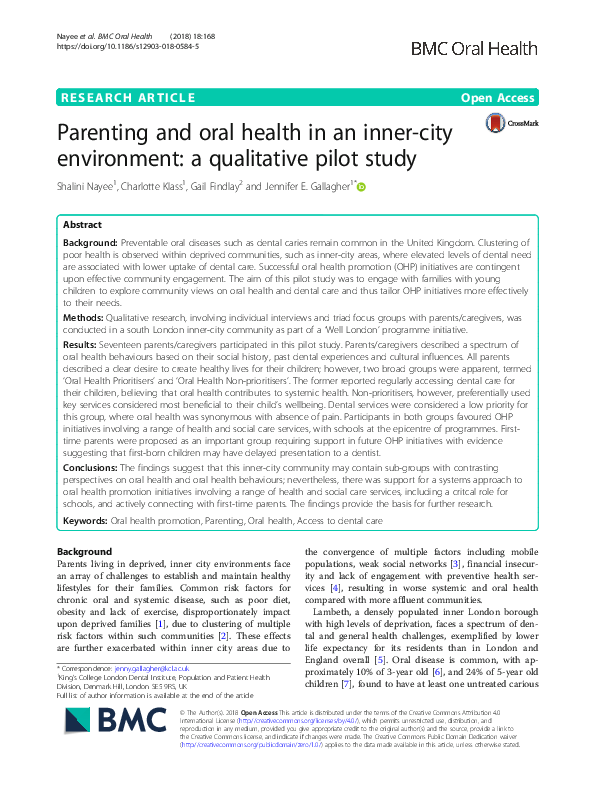 (PDF) Parenting and oral health in an inner-city environment: a ...